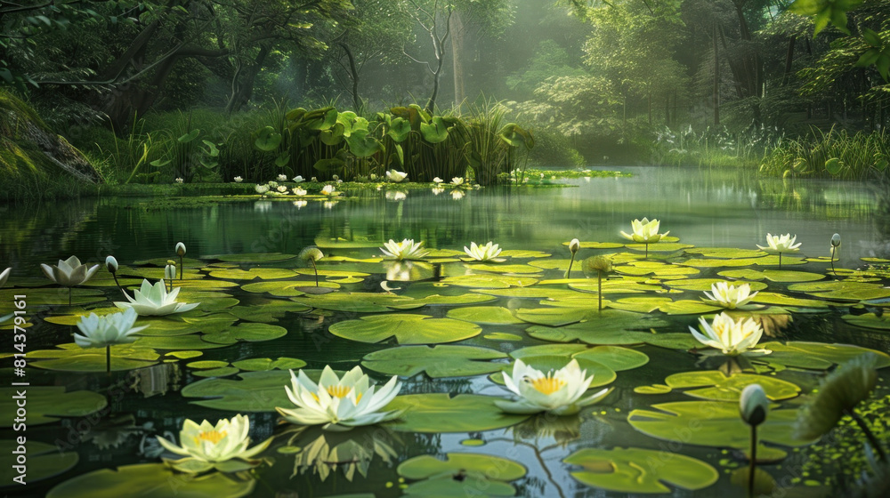 Golden magic pond comes alive with the delicate beauty of while white ...