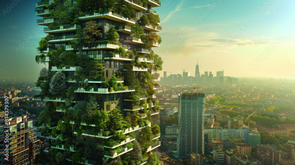 A cityscape where skyscrapers are adorned with lush greenery, embodying ...