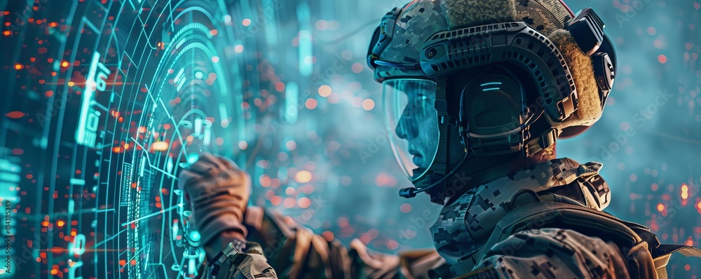 Soldier using quantum simulation for battlefield strategies, top view ...