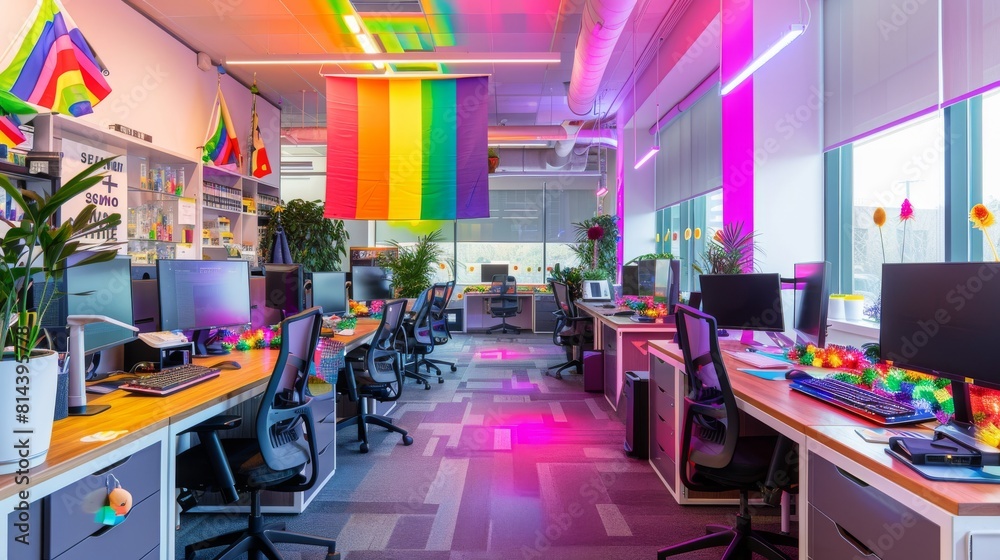 Modern tech office decorated for pride month with employee wearing ...