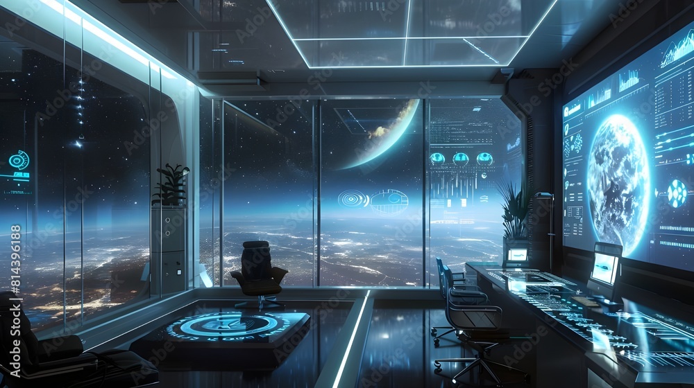 Futuristic building background, luxury home office floating in space ...