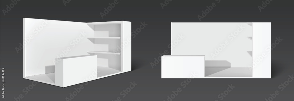 3d trade event mockup. White display booth stand. Empty fair wall and ...