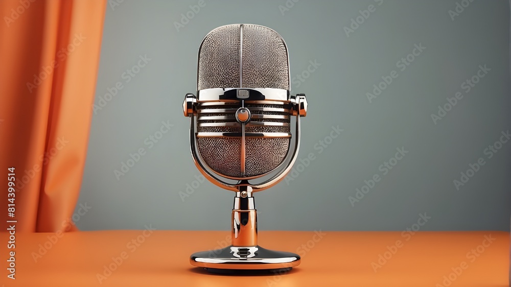 A vintage-style chrome microphone set on a foot in a uniformly colored ...