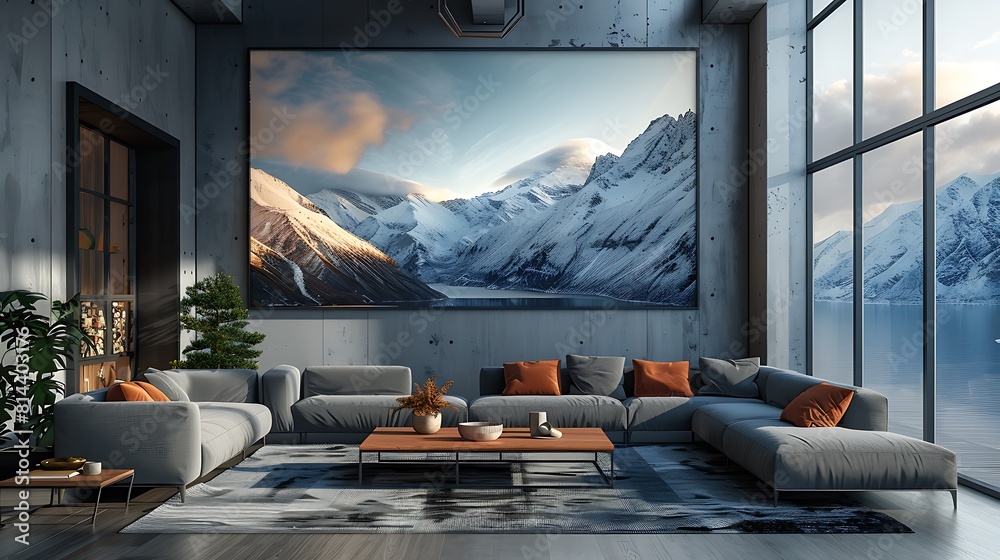 High-definition image of a gallery-style living room focusing on a ...