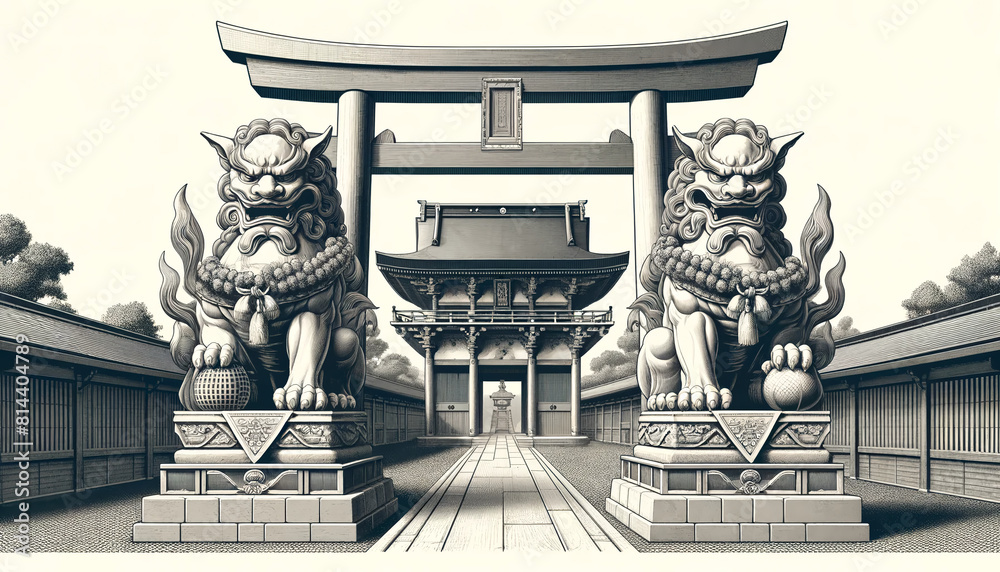 Sacred Entrance: Torii Gate and Guardian Komainu at a Japanese Shrine ...