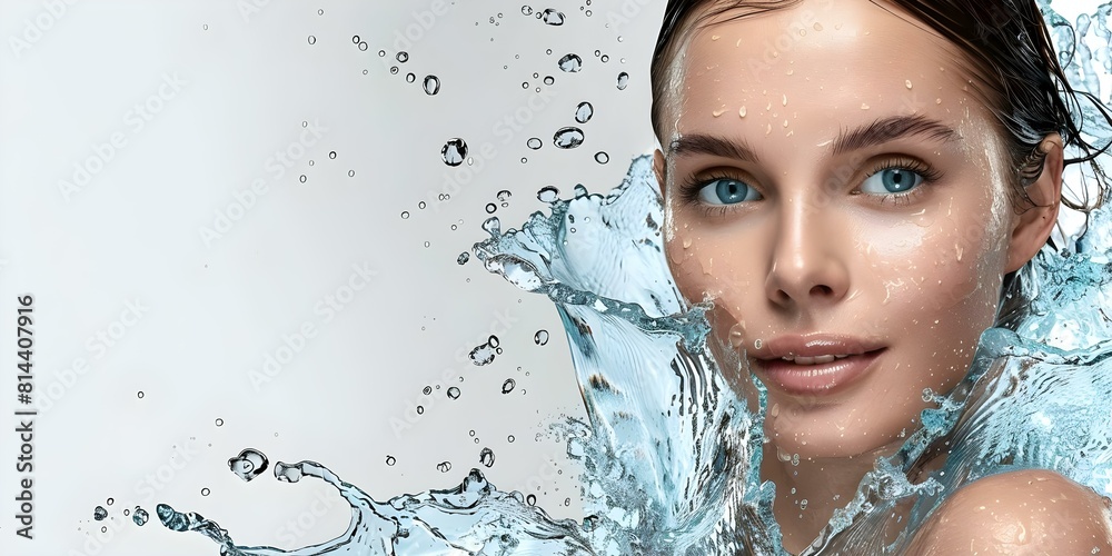 Caucasian woman with wet skin and water splash on white background ...