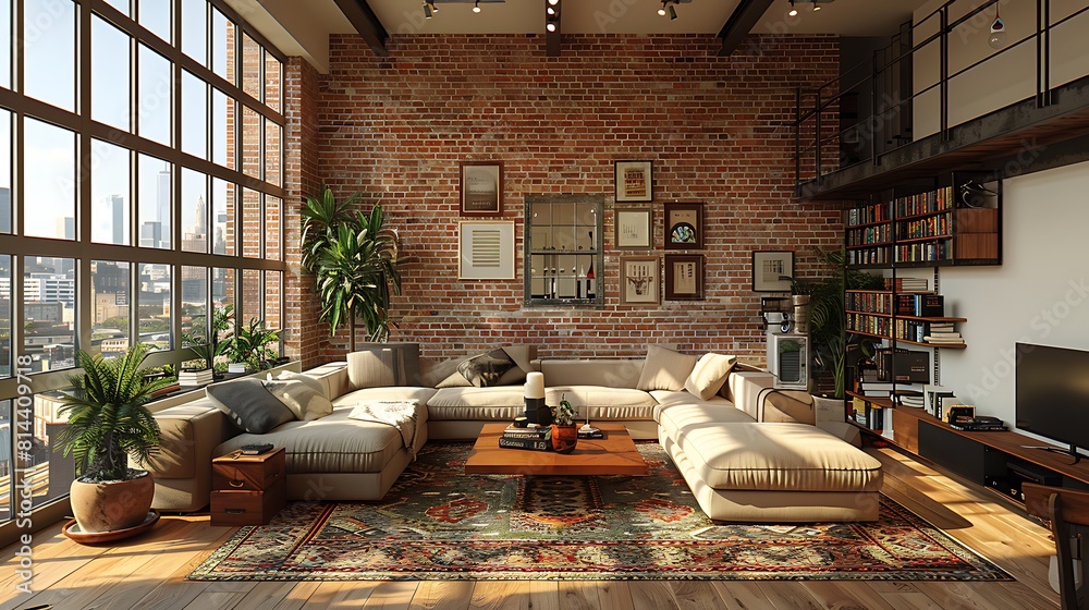 Hyperrealistic view of an urban loft living room with multifunctional ...