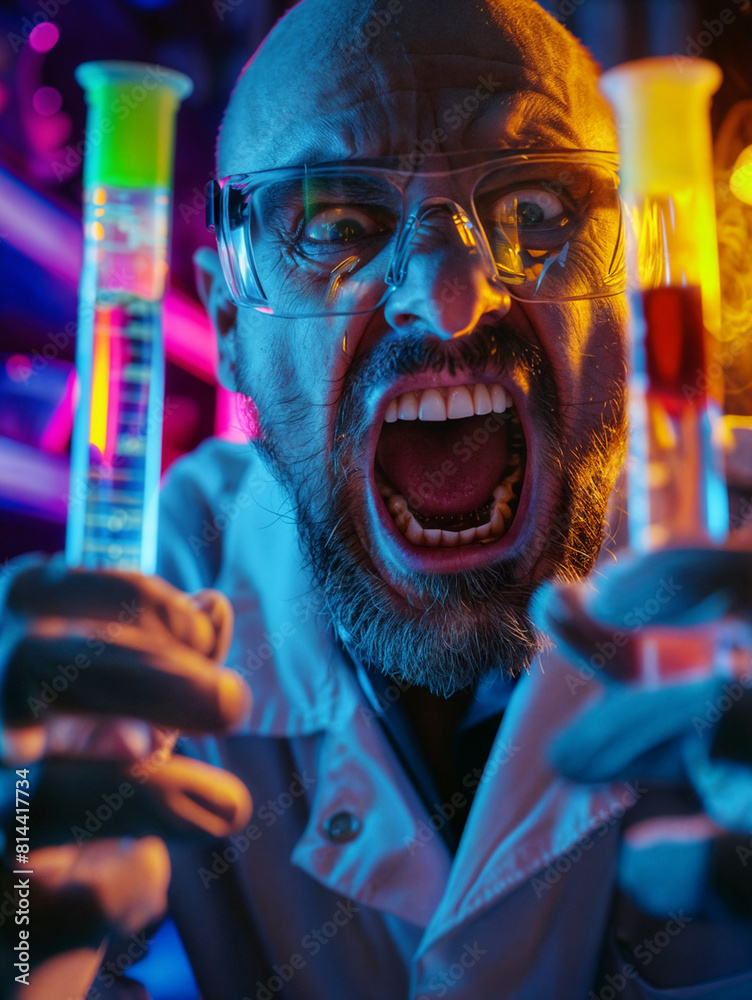 Crazy mad man scientist. in laboratory holding test tubes and beakers ...