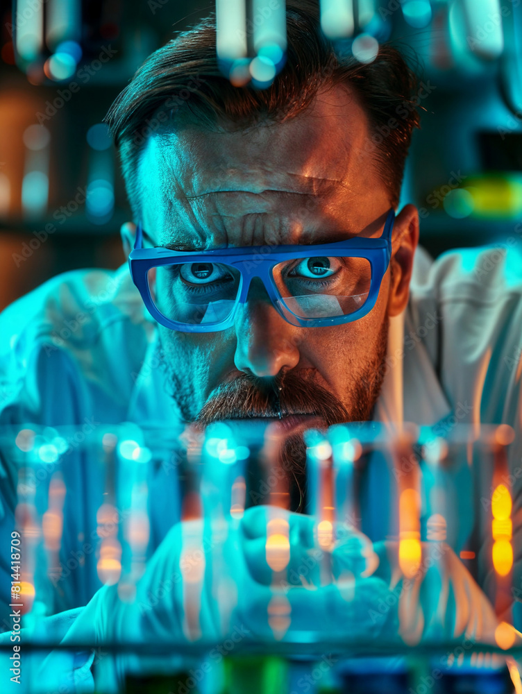 Crazy mad man scientist. in laboratory holding test tubes and beakers ...