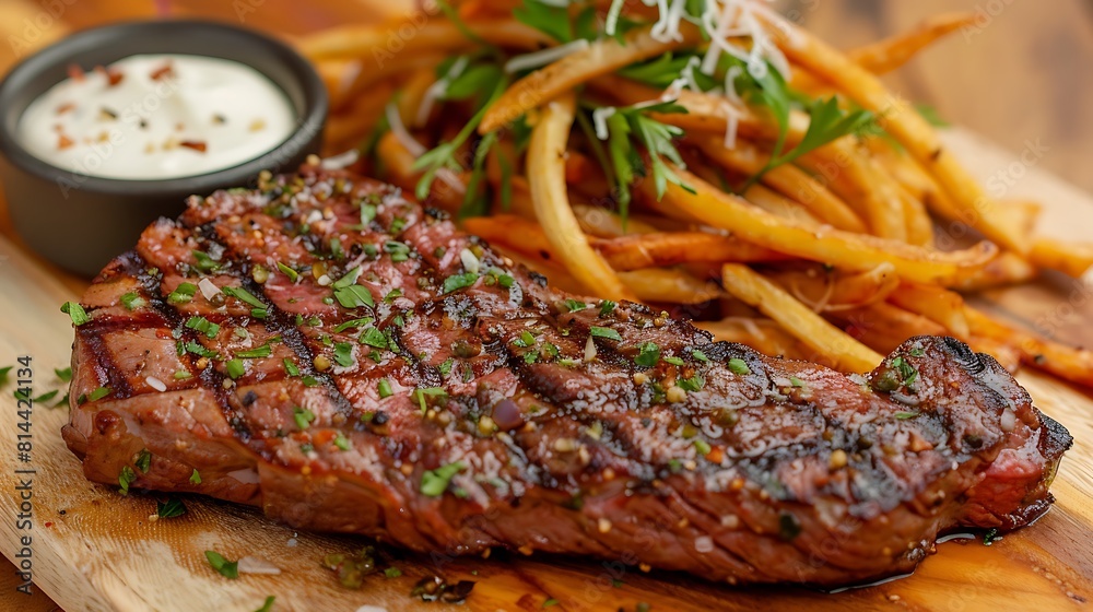Medium rare strip loin steak with shoe string french fries and mayo ...