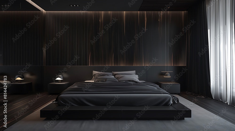 Modern matte black interior with dark wooden wall concept apartment ...