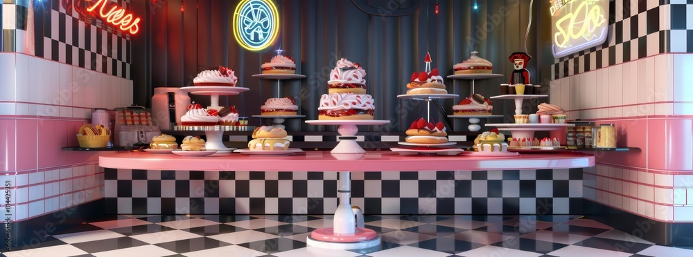 Retro 1950s diner setup with classic desserts on display Stock Photo ...