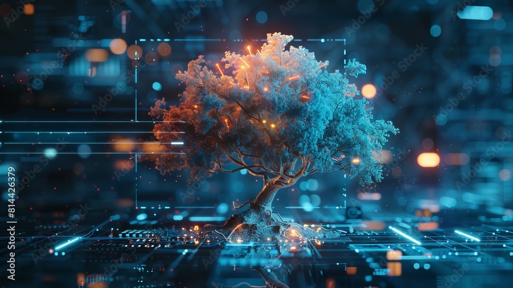 Holographic tree growing in real-time, front view, "growth ...