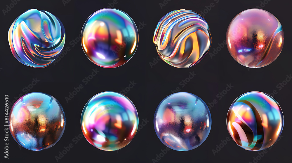 Holographic liquid metal sphere round shapes set isolated. Iridescent ...