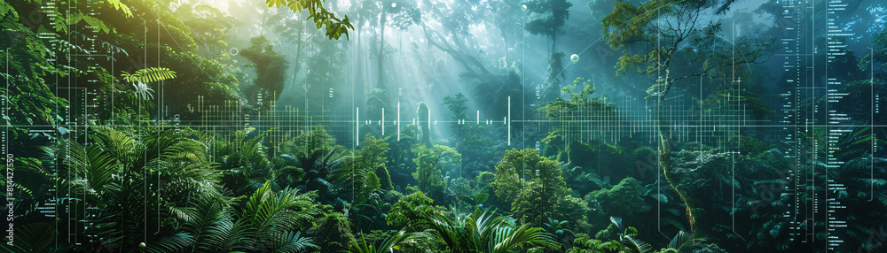 A panoramic view of a lush forest ecosystem is overlaid with data ...