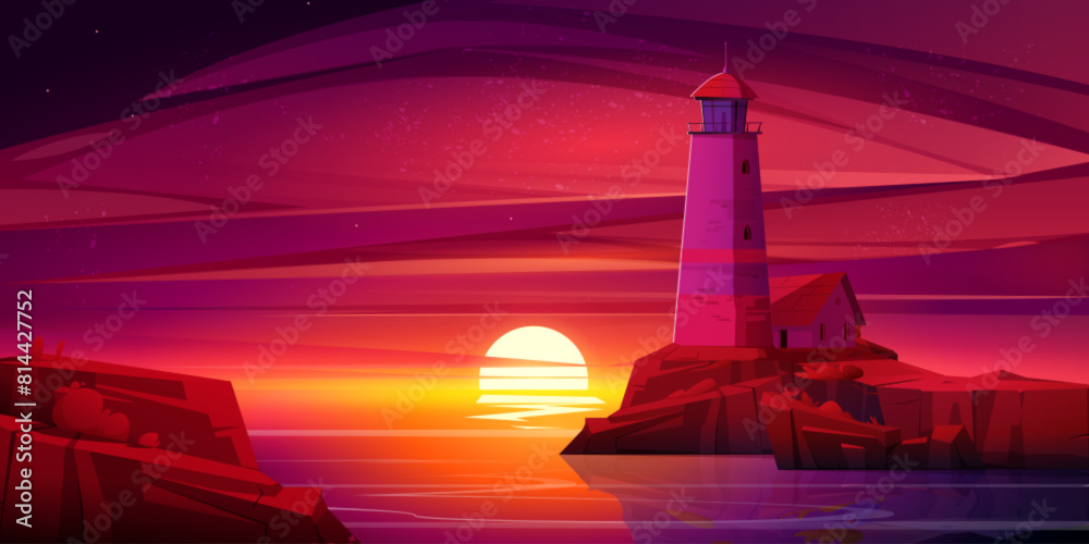 Old lighthouse against sunset background. Vector cartoon illustration ...