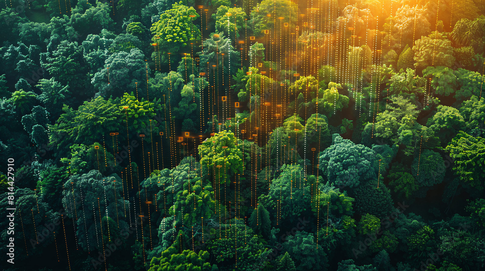 An aerial view of diverse ecosystems with digital data visualizations ...