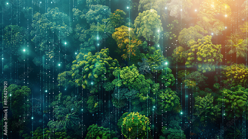 An aerial view of diverse ecosystems with digital data visualizations ...