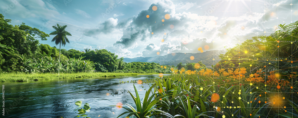 An expansive view of a thriving ecosystem is combined with data ...