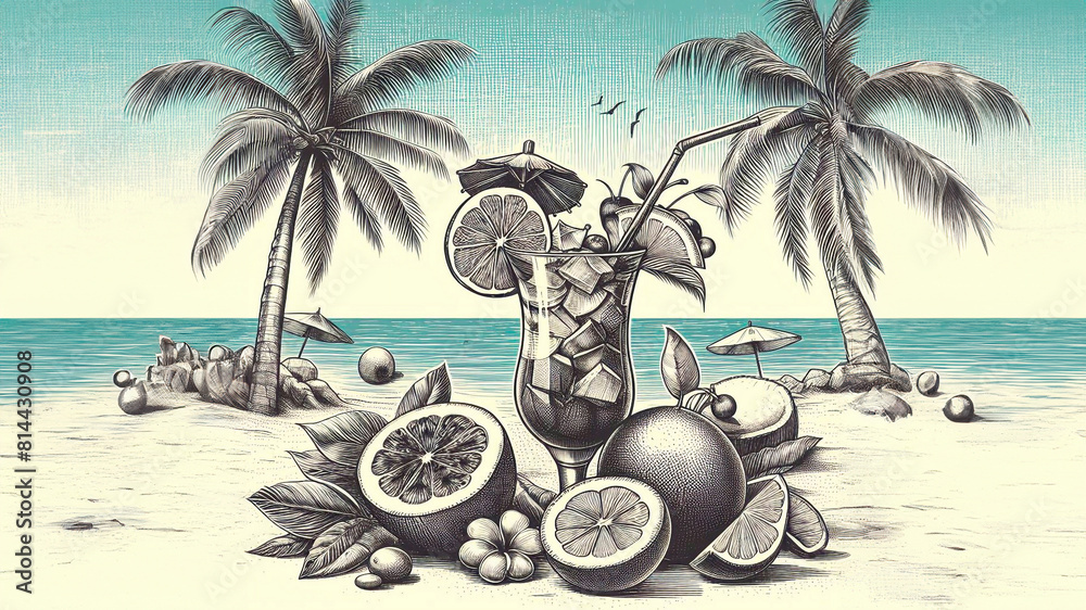 Refreshing cocktail on a tropical beach with palm trees and exotic ...