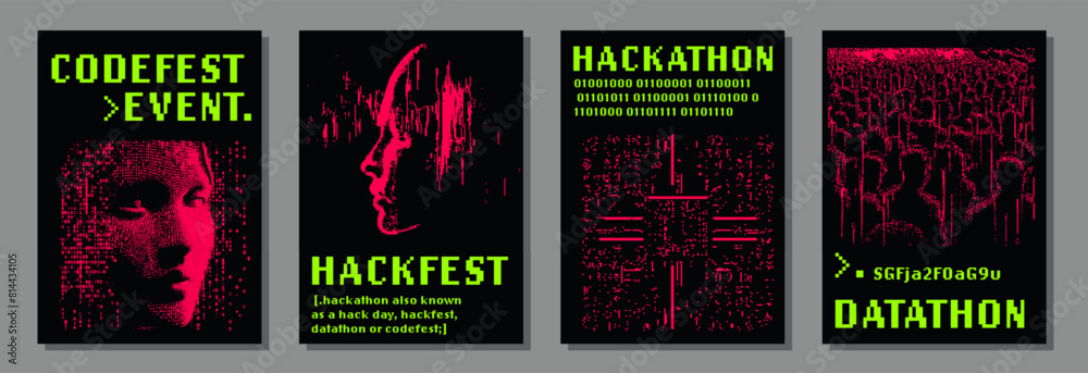 Set of futuristic posters with 8-bit pixel art illustrations of glitched human heads. Covers for ...