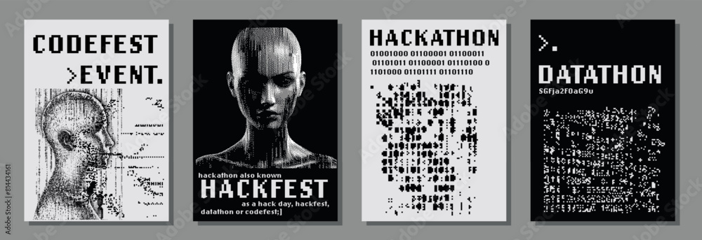 Set of futuristic posters with 8-bit pixel art illustrations of glitched human heads. Covers for ...