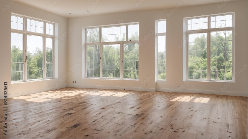 modern empty living room with white walls, wooden floors, and large ...