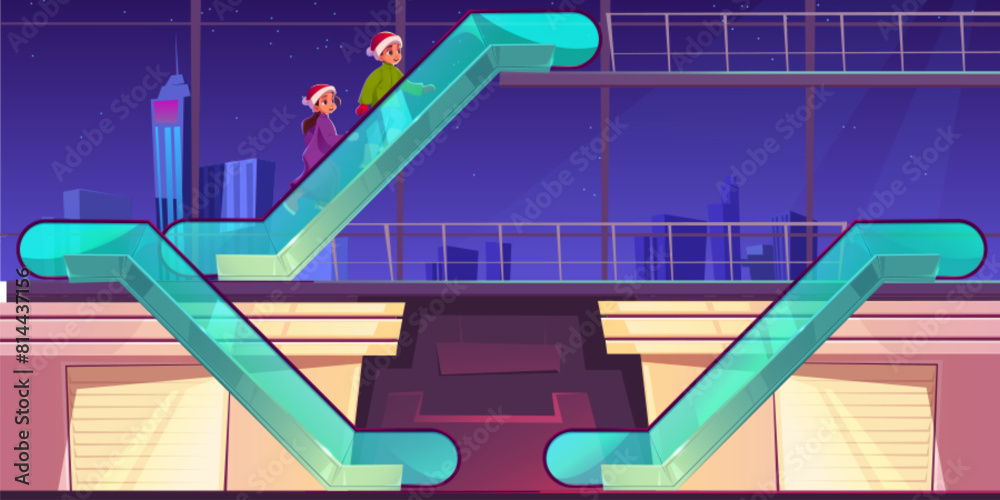 Children on escalator in shopping mall. Vector cartoon illustration of ...