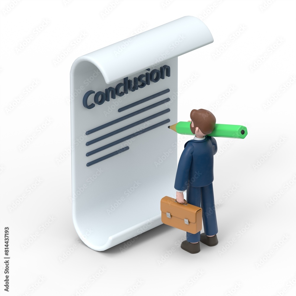 3D illustration of bearded american businessman Bob writes conclusion ...