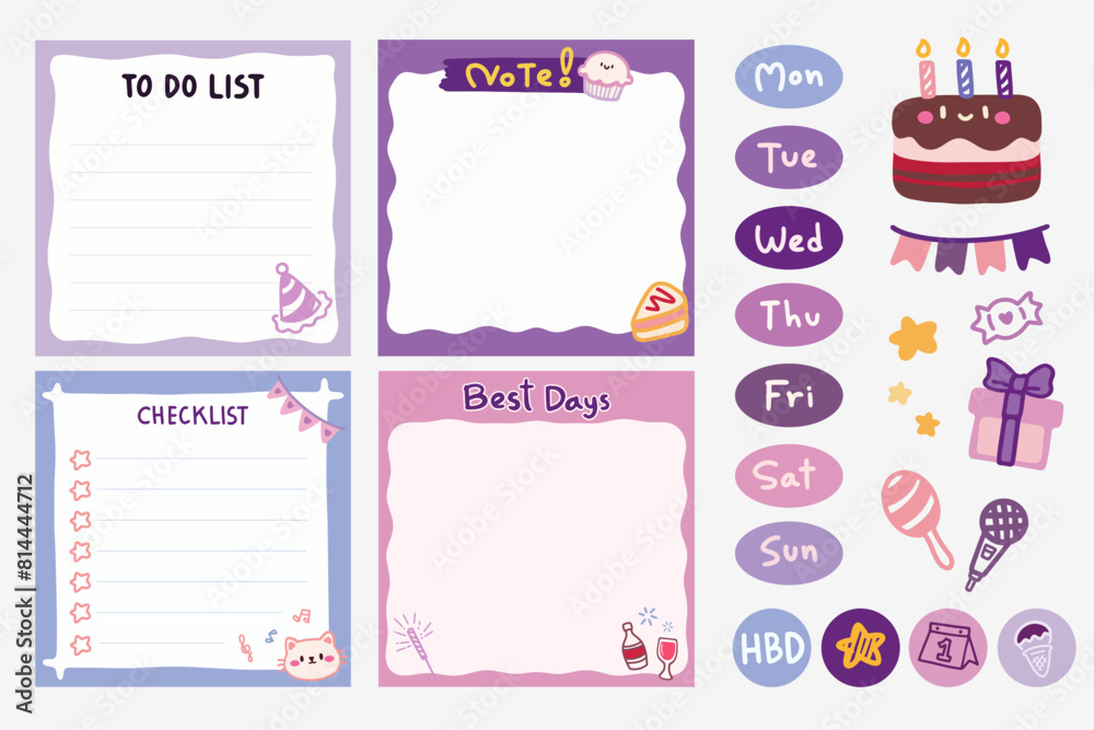 Set of Cute template notes with birthday theme. Memos and stickers ...