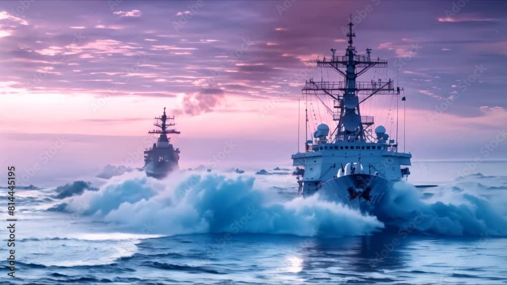 Naval warships at sea conducting military training exercises with ...