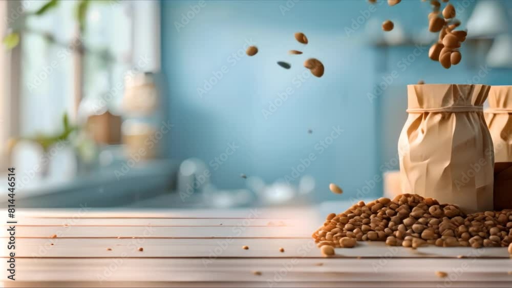Vidéo Stock Coffee packaging mockup with spilled beans on a table ...