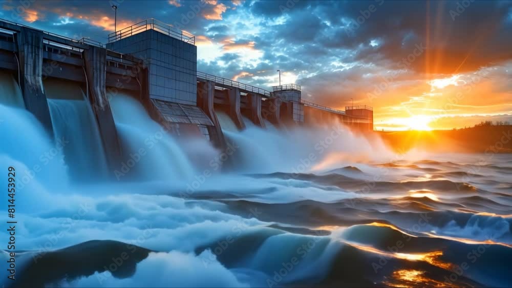 Sunset backdrop at hydroelectric plant highlighting clean renewable ...