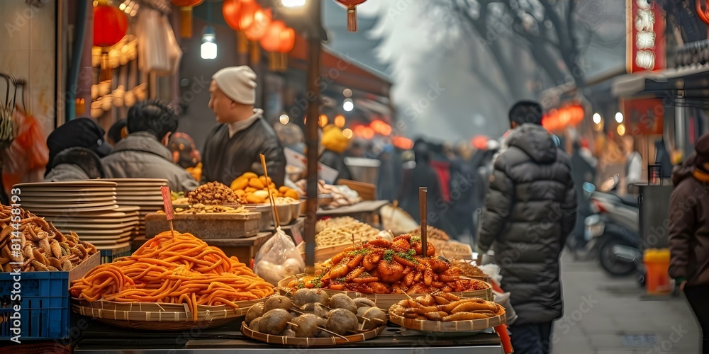 Vibrant Scene of a Bustling Chinese Food Market Street in Beijing with ...