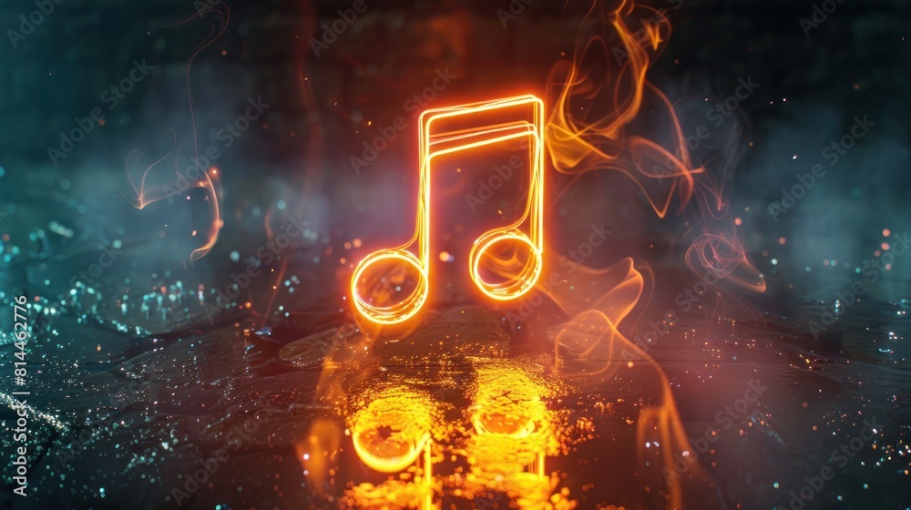 Fiery Neon Music Note Glowing on Wet Surface with Sparking Particles ...