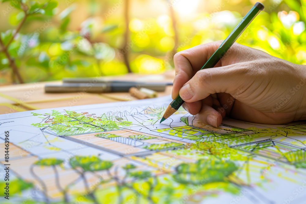 A hand sketching out a detailed blueprint for a sustainable ...