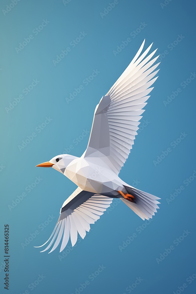 A clean vertical background with a single, low-poly 3D bird in flight ...
