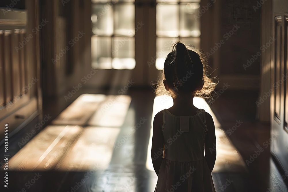 Rear view of the little girl standing in the hallway, her shoulders ...