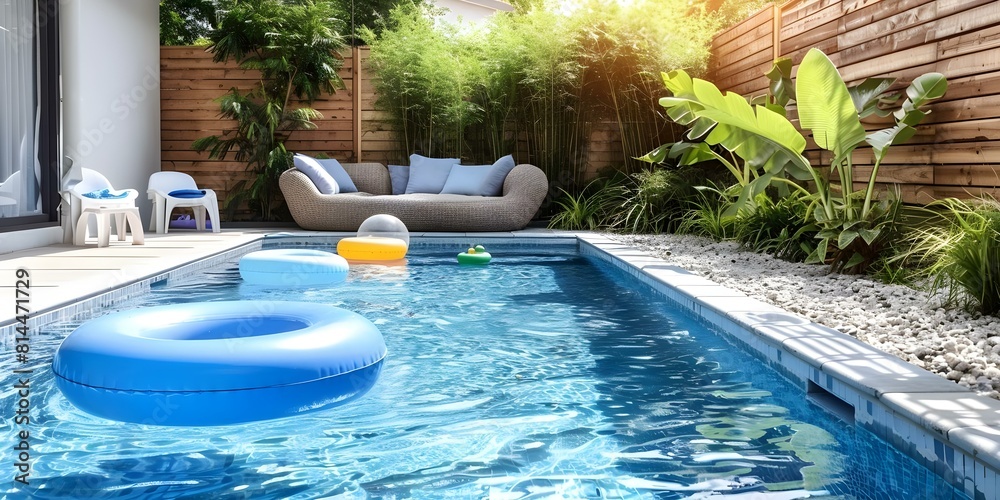 Backyard swimming pool with floating toys. Concept Pool Party ...