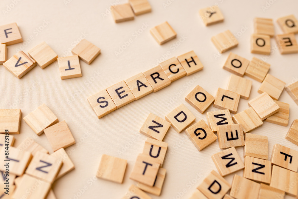 Many wood letters of English alphabets with word 'SEARCH'. Information ...