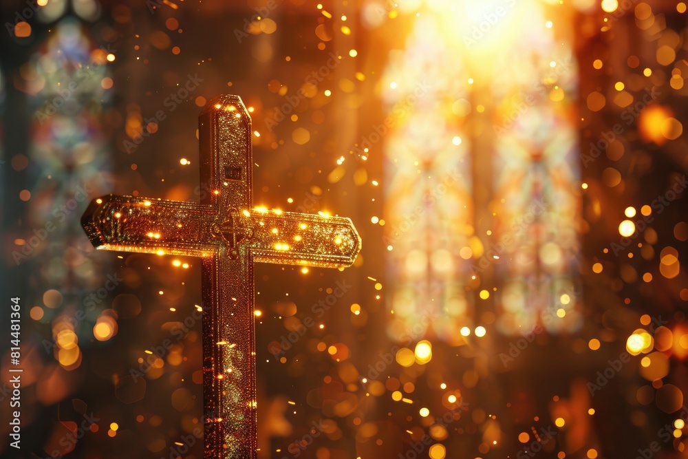Golden cross in the church has a mosaic glass background with light ...