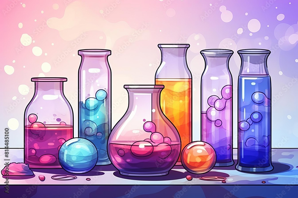 Create a whimsical illustration of a potions shelf. Include 6-8 bottles ...