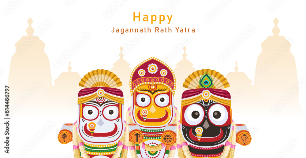 Rath Yatra banner design with Lord Jagannath, Balabhadra, and Subhadra ...