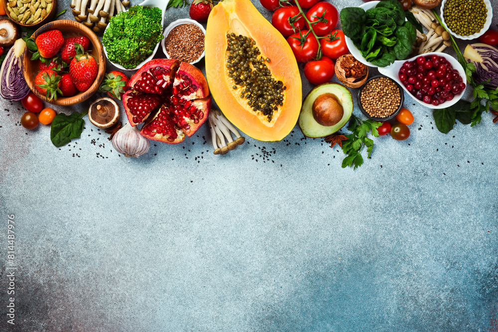 Healthy food clean eating selection: tropical fruit, vegetable, seeds ...