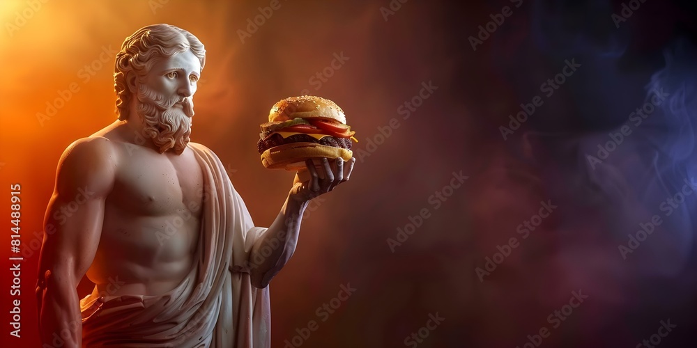 Greek god statue holding a burger symbolizing unhealthy eating habits ...