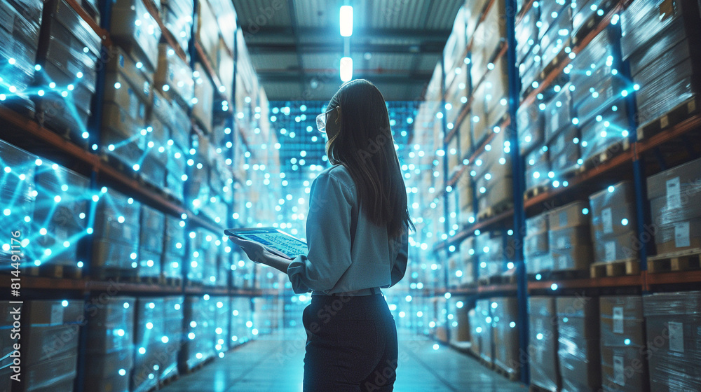 Futuristic Technology Warehouse Concept: Female Worker Doing Inventory ...