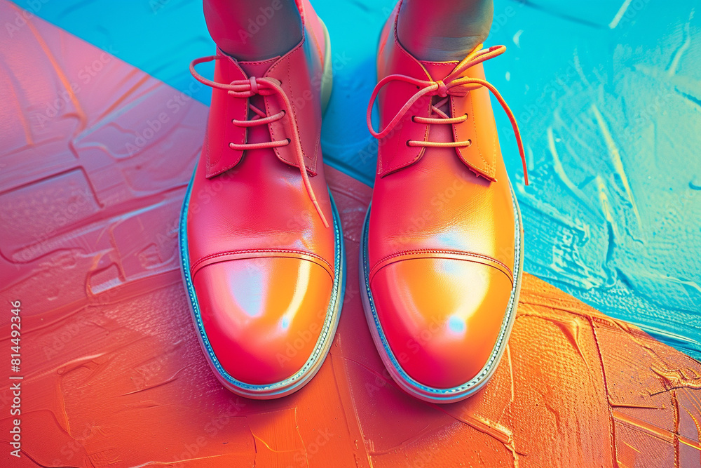 Vintage shoes reimagined with neon details at a retro event, top view ...