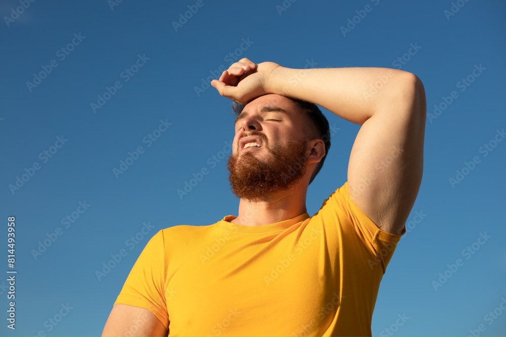 portrait of tired sick exhausted man, handsome guy is suffering from ...
