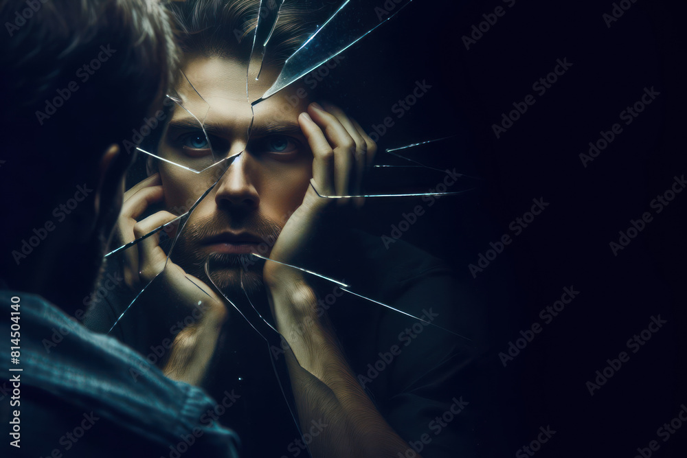 Broken mirror reflection with sad and depressed male face dark ...