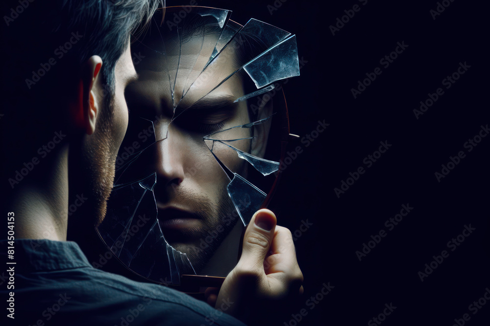 Broken mirror reflection with sad and depressed male face dark ...